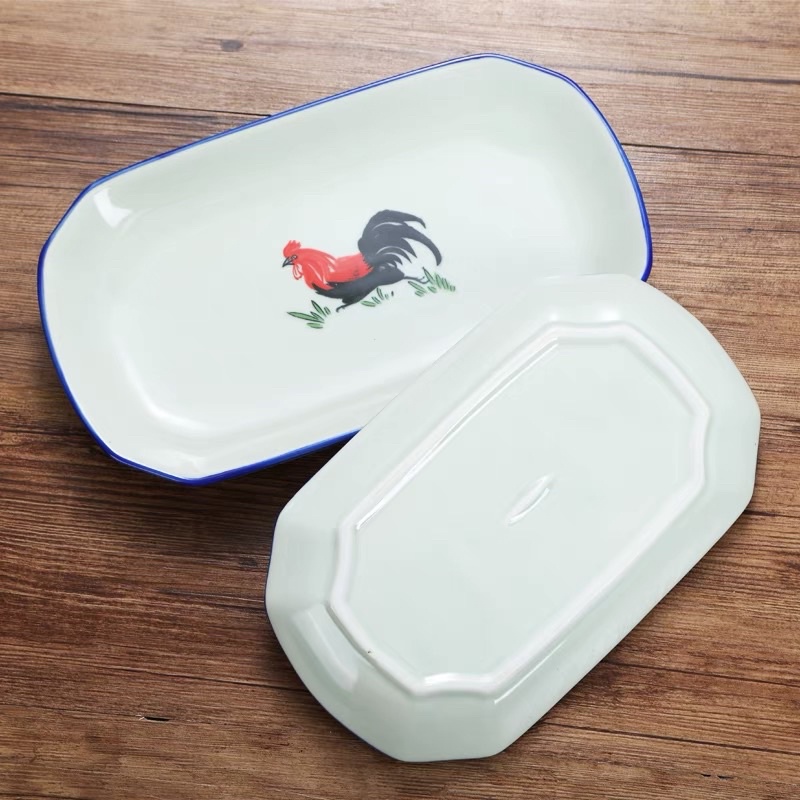 Ceramic Oblong Plate Vintage Rooster Plate Dish Plate Blue Line ...