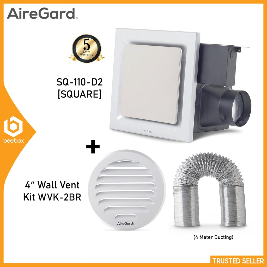 AireGard SQ-110 D2 Air Ventilation Exhaust Fan Silver Square + Wall ...