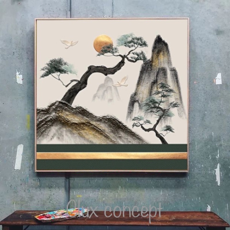 (With frame) Zen ink mountain peak pine tree canvas print artwork ...