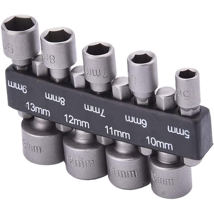 Nut Driver Drill Bit Set Socket Chuck Adapter Hex Shank (5-13mm x 9 Pcs ...
