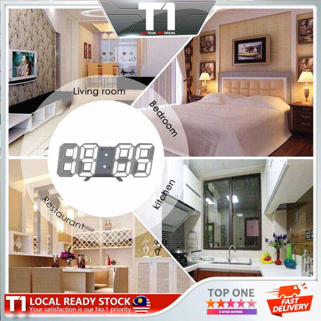T1 Modern Digital 3D LED Wall Clock Alarm Clock Table Clocks Calendar ...