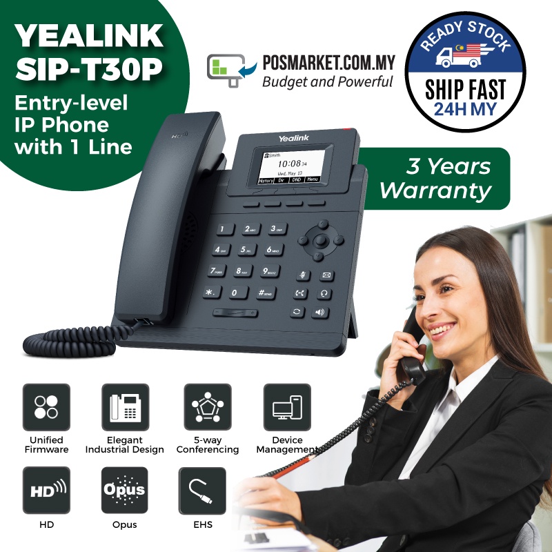 Telefon IP SIP-T30P Tahap Asas 1 Garis (Yealink SIP-T30P IP Phone Entry-level IP Phone with 1 ...