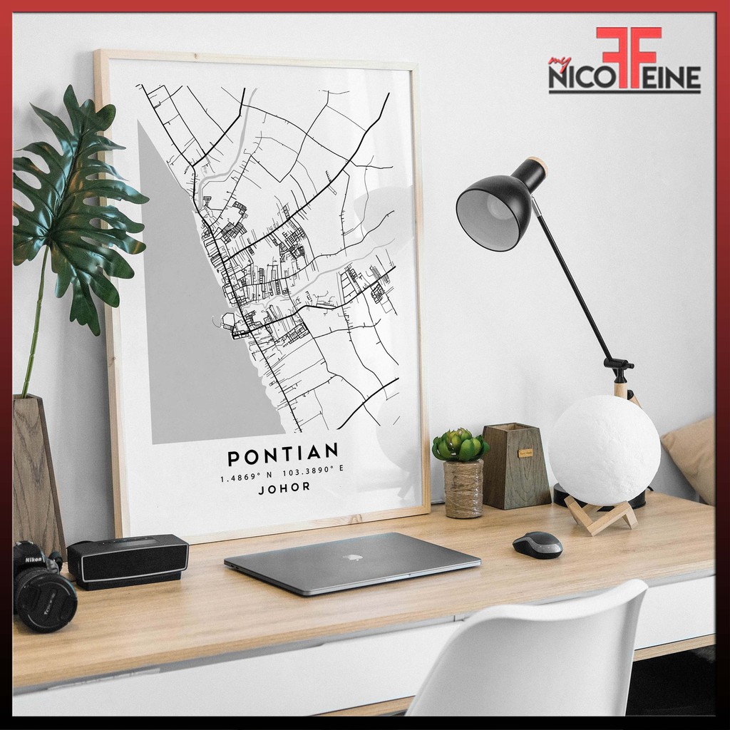 [Poster Only] Pontian Johor Minimal City Map Art Black and White Large ...