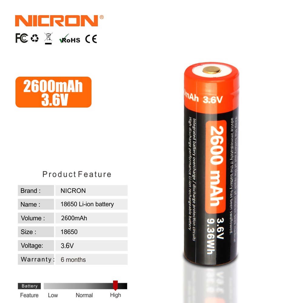 Nicron 18650 High Capacity Battery - N8/B70/B70plus/N8F/B60/H25/B71/N6 ...