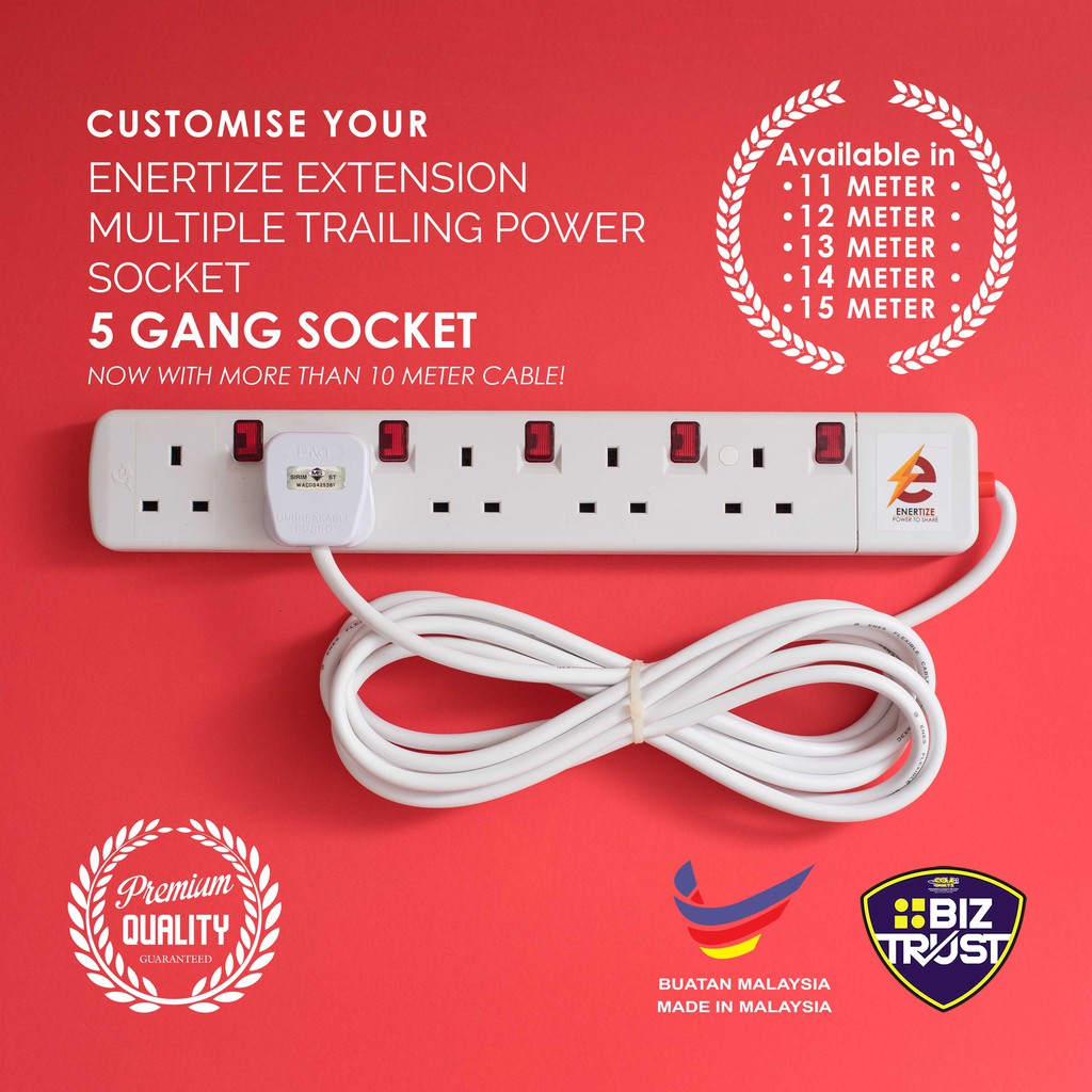 Enertize CUSTOMISE PRE ORDER Extension Trailing Power Socket Plug : 5 ...