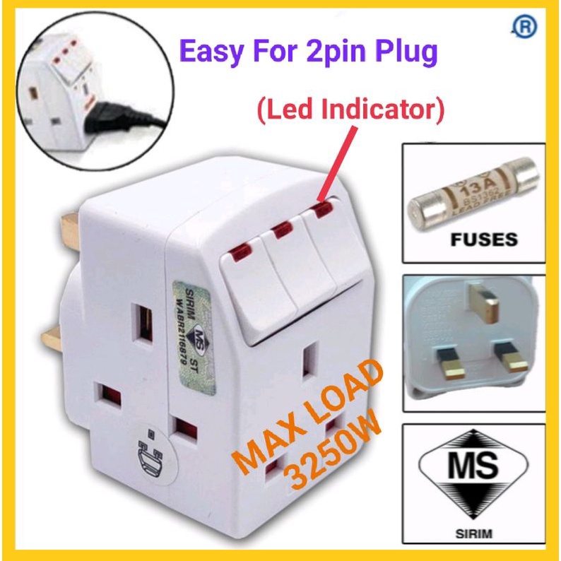 SUM/MYHOM 13A 3WAY ADAPTER WITH SWITCH INDIVIDUAL LED INDICATOR SAFETY ...