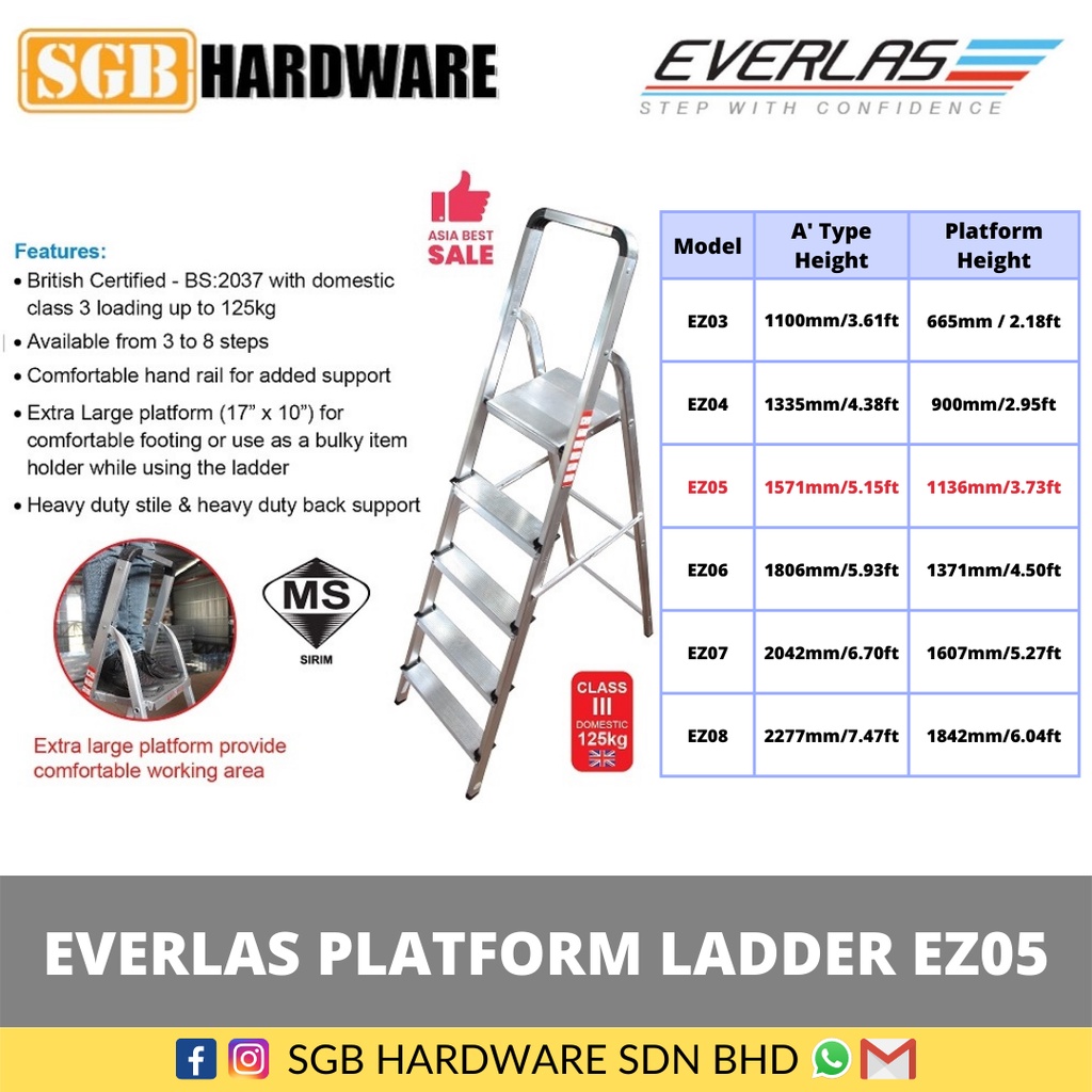 EVERLAS EZ05 5 STEPS PLATFORM LADDER - SILVER + | Shopee Malaysia