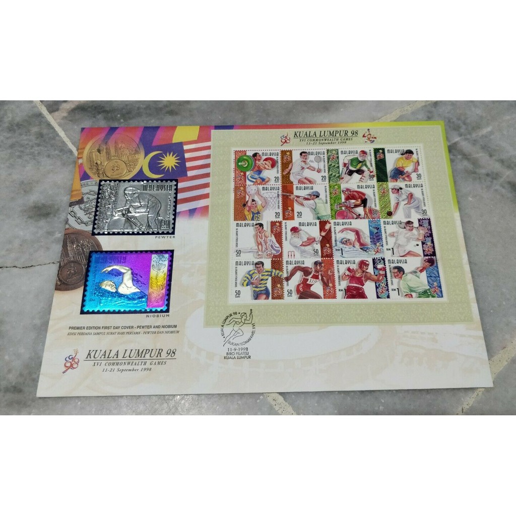 Pos Malaysia Royal Selangor Pewter AND Niobium Stamp FDC 1998 SUKOM Commonwealth Games | Shopee ...