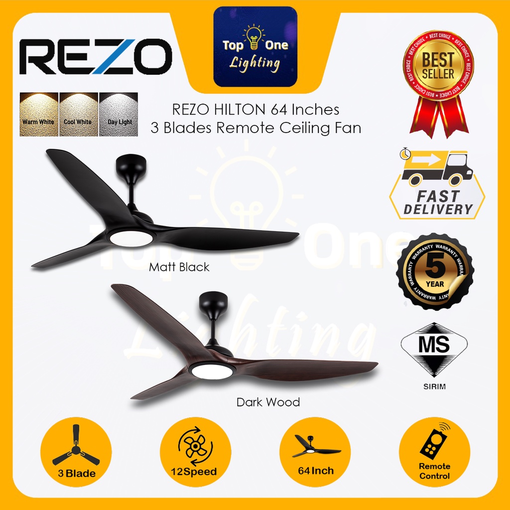 REZO HILTON 64" 12 SPEED 24W 3 COLORS LED DC MOTOR DECORATIVE CEILING ...