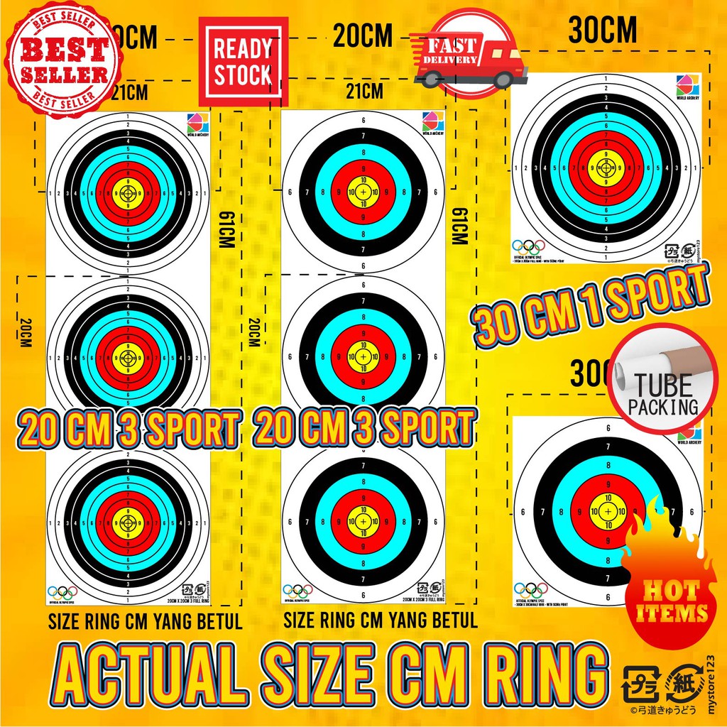 Archery Target Face 30cm 5ring 1spot & 20cm 5Ring 3Spot target | Anak ...