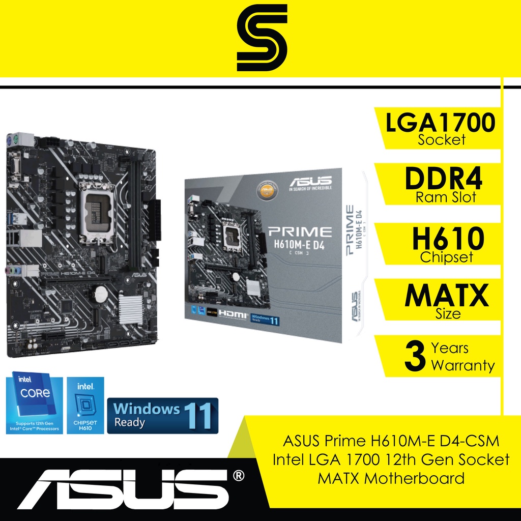 ASUS Prime H610M-E D4-CSM Intel LGA 1700 12th Gen Socket MATX Motherboard | Shopee Malaysia