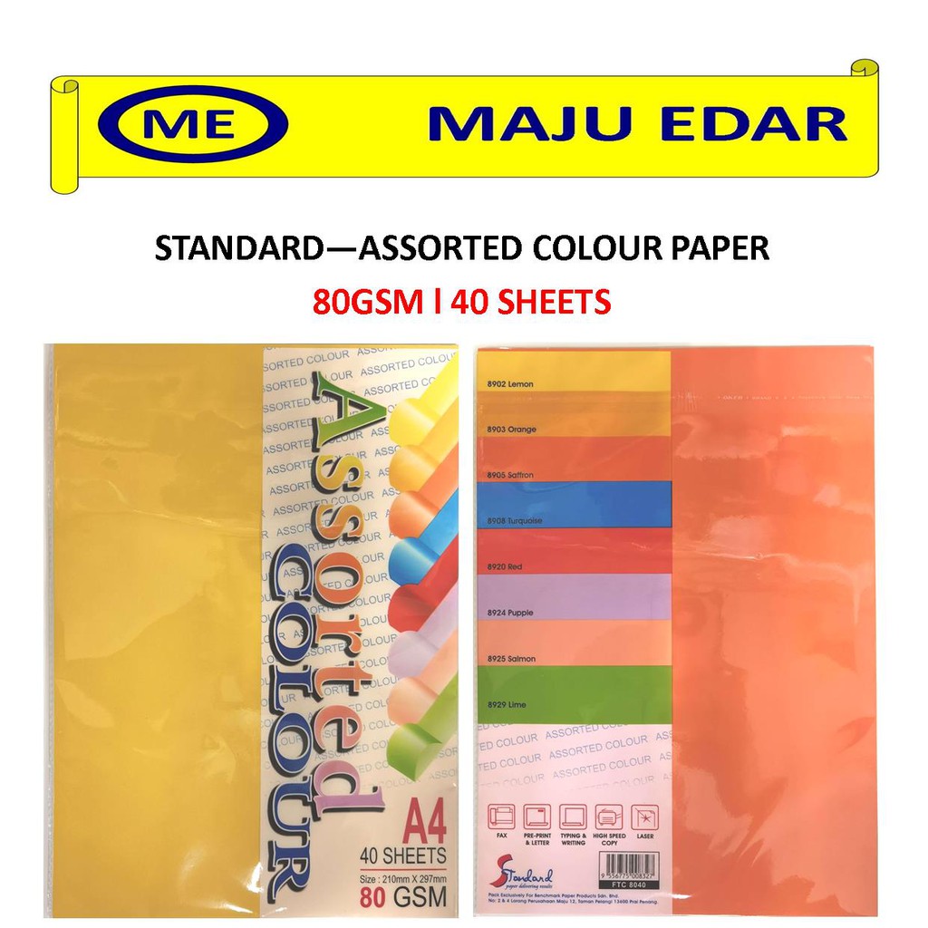 STANDARD ASSORTED COLOURS A4 PAPER 80GSM 40 SHEETS FTC8040/ A4 COLOUR ...