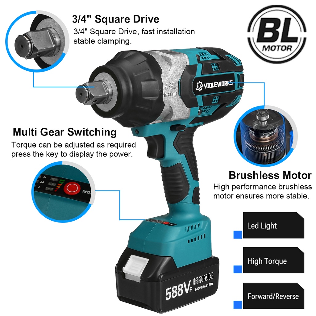 2100N.M 588VF High Torque Brushless Electric Impact Wrench 100-240V 3/4 ...