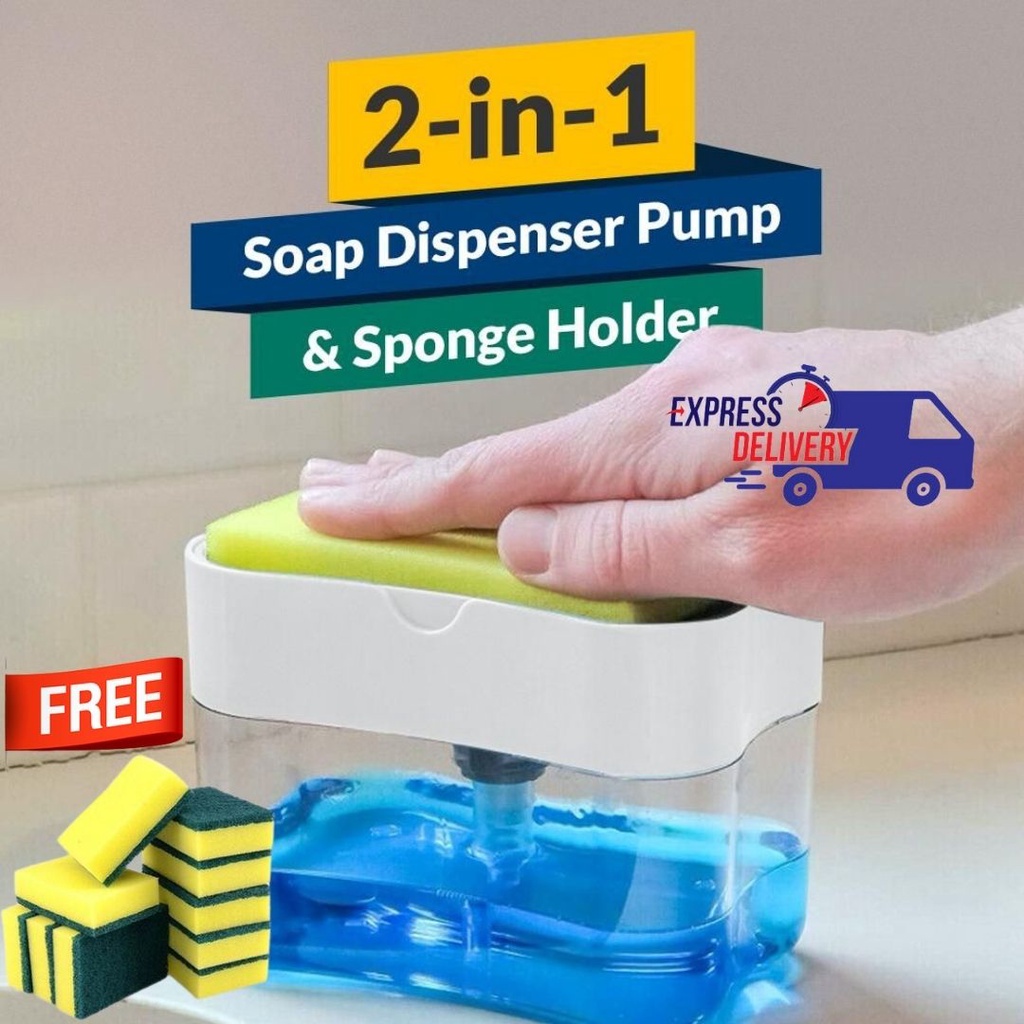 [𝟐 𝐢𝐧 𝟏] ️Kitchen soap dispenser with sponge box sponge washer plastic pump dishwash liquid ...