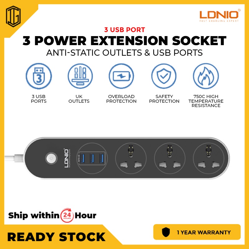 LDNIO 3 Power Extension Socket 3 USB Port Charge Anti Static UK 3 Pin ...