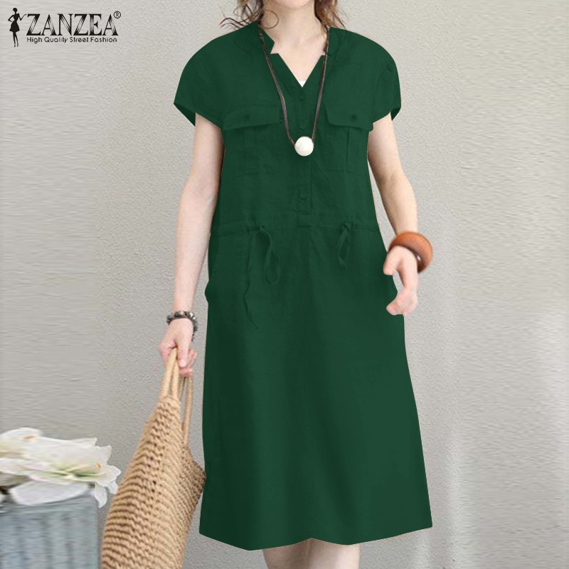 ZANZEA Women Daily Casual Solid V-Neck Dropped Shoulders Cap Sleeves ...