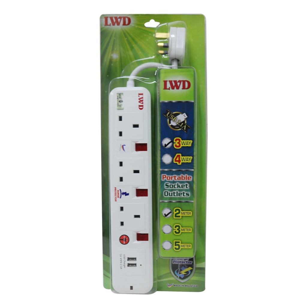 LWD 3 Gang Extension Trailing Socket With 2 USB Port (2.1A) (SIRIM ...