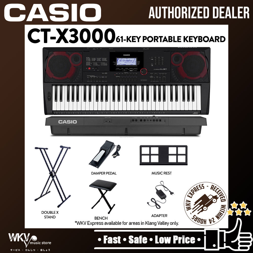 Casio CT-X3000 61-Key Portable Keyboard Package Bench, Double X Stand ...