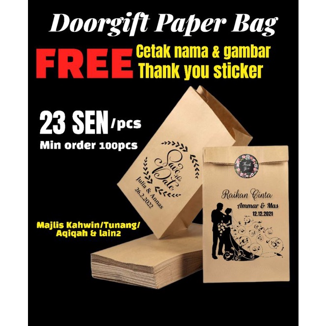 100pcs Paper Bag Doorgift / Goodies Bag / Doorgift Bag / Printed Brown ...