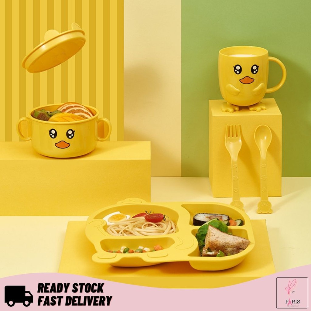 ReadyStock Kids 5pcs/set Duck Wheat Fiber Baby Children Dish Plate Set ...