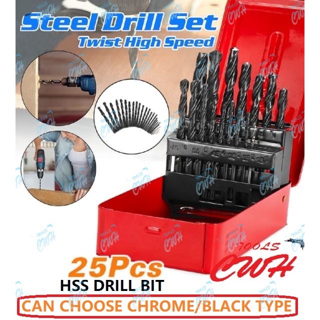 13PCS 25PCS PRC BLACK/CHROME METAL WOOD HSS DRILL BIT SET MATA GERUDI BESI KAYU ALLEFIX BOSSMAN ...