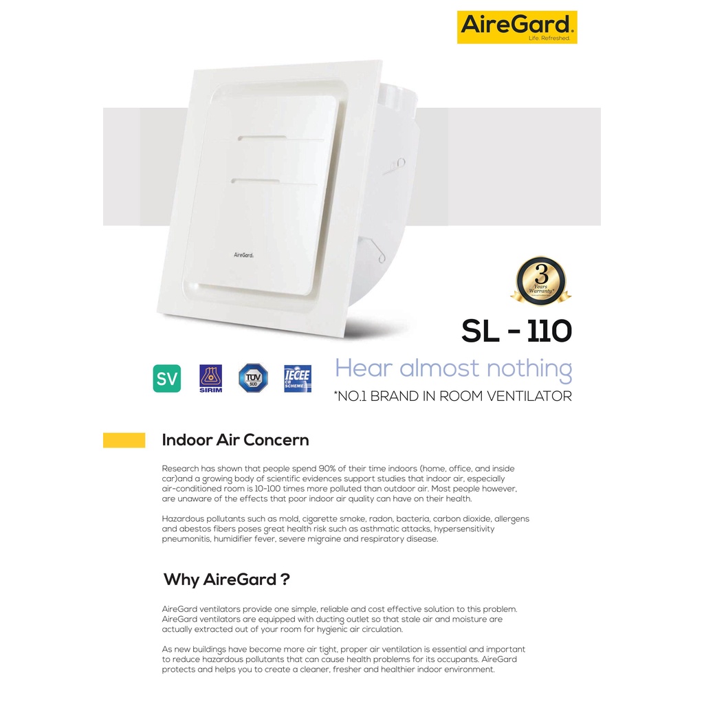 AireGard SL-110 Air Ventilation Exhaust Fan Super Low Profile Series ...