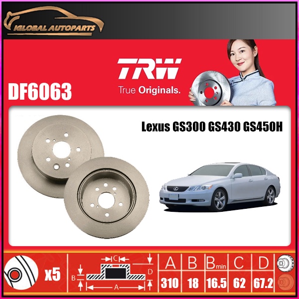 (2pcs) TRW Disc Brake Rotor Rear DF6063 for Lexus GS [S190, L10], IS ...