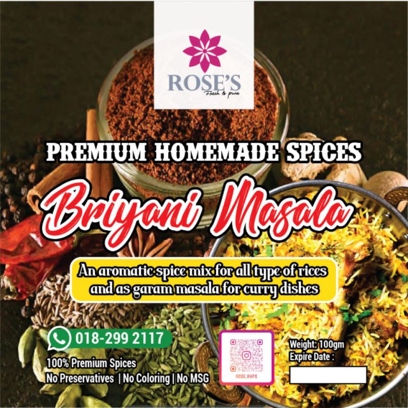 Roses Briyani Masala/Rempah Briyani/Garam Masala/Biryani(100g) | Shopee ...