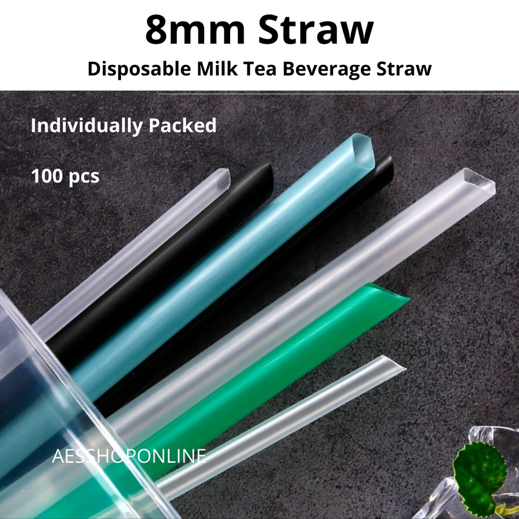 8mm Black Transparent Pointed Straw 100pcs± Individual Pack Disposable ...