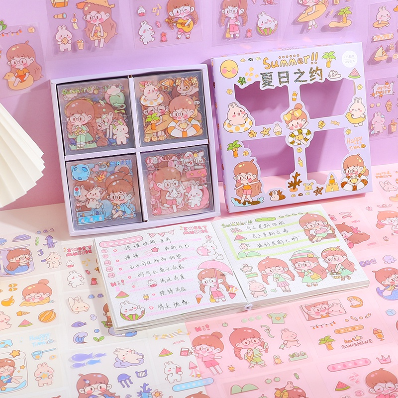 100 Sheets Boxed Cartoon Summer Series Stickers Student Decorative DIY ...