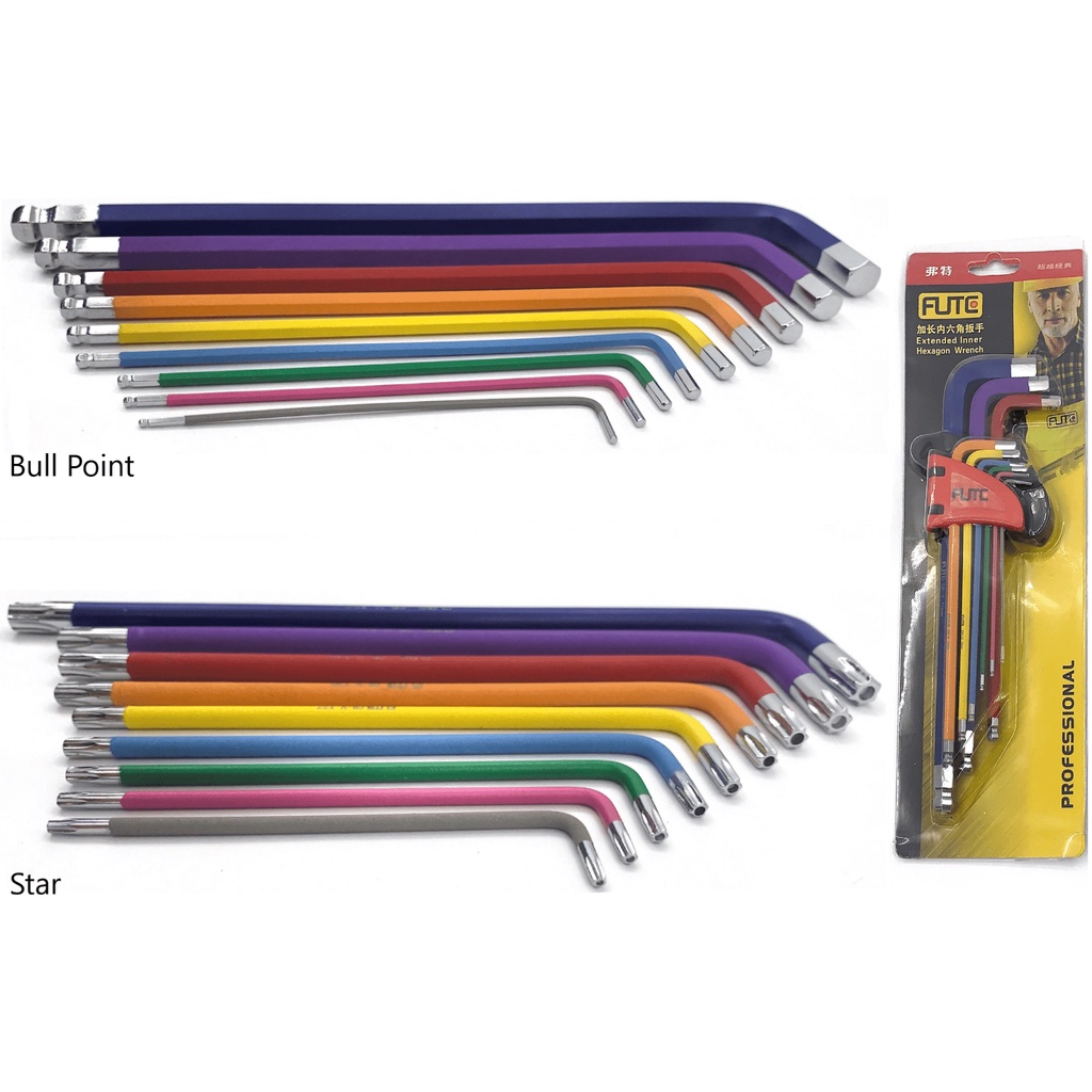BULL POINT/ STAR ALLEN KEY SET 9 PIECES MM SIZE MULTI COLOR Long Arm ...