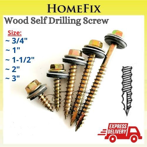 (10Pcs) (WOOD) HEX HEAD SELF DRILLING SCREW WITH WASHER AWNING SCREW ...