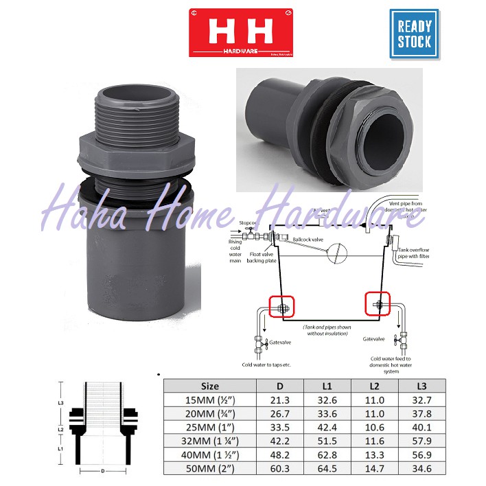 Tank Connector PVC Fitting PVC Water Pipe Connector ; PVC Paip Sambung ...