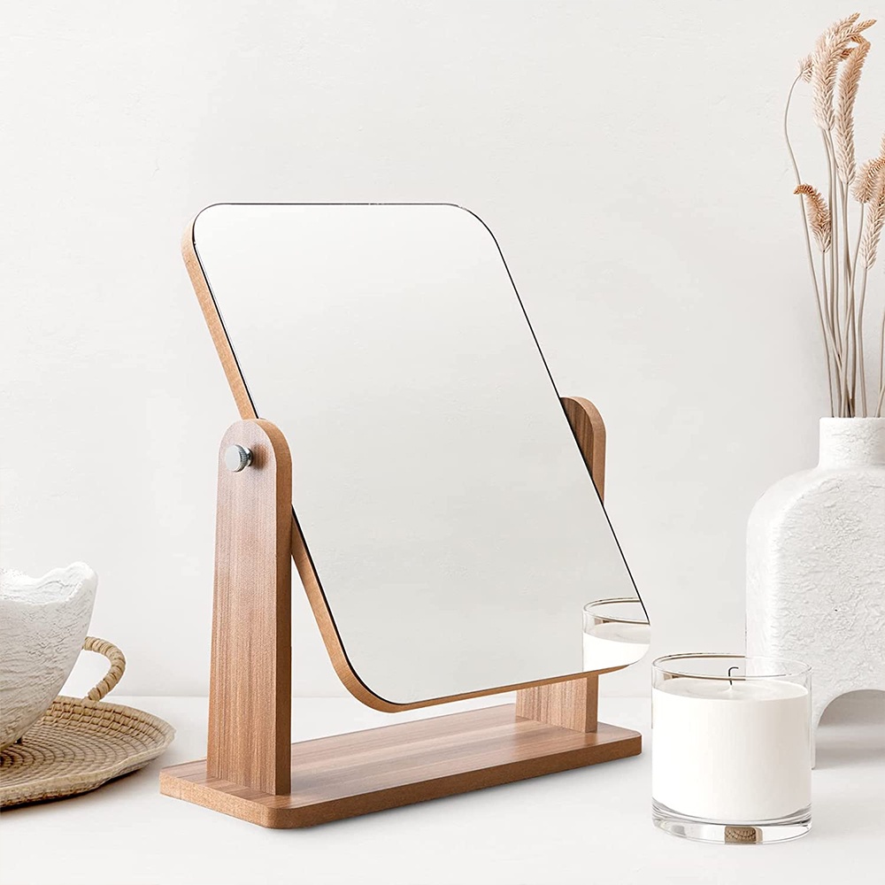BC Rotating Mirror Wooden 360 Degree Makeup Small Wooden Portable ...