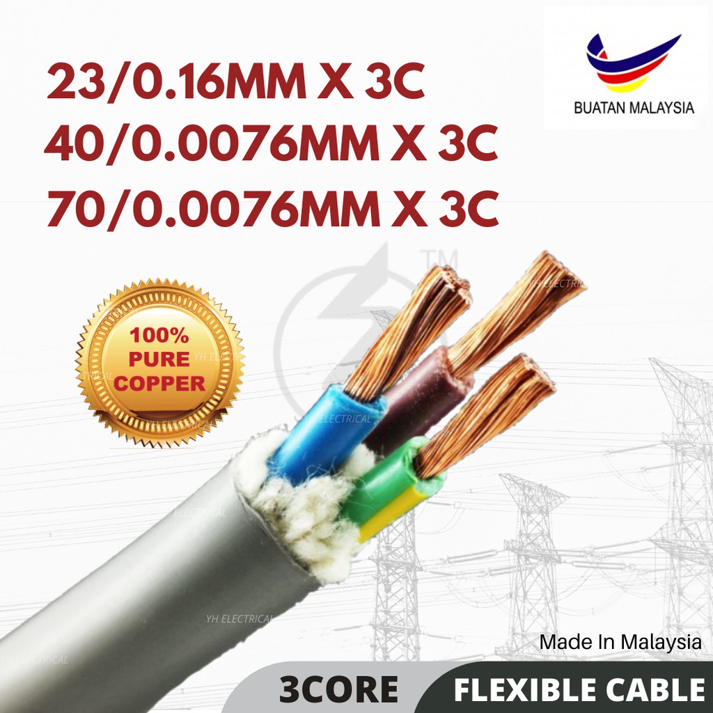 [1meter] 23/0016MM | 40&70/0076MM x 3Core Flexible Wire Cable PVC ...