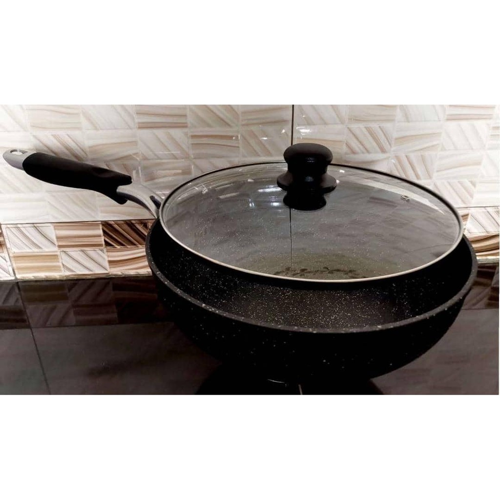Marble stone wok pan with glass cover | Shopee Malaysia