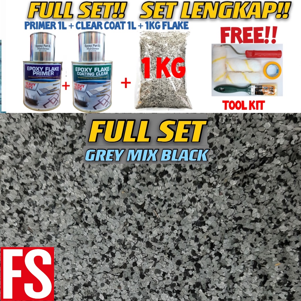( GREY MIX BLACK ) Full Set Epoxy Colour Flake Coating ( 1KG FLAKE / 1L ...
