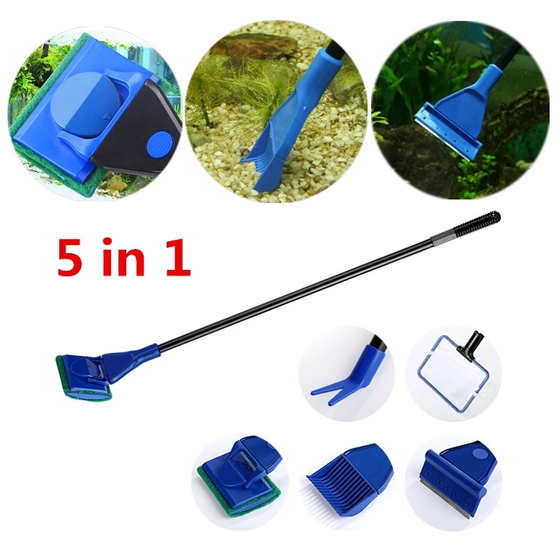 5 in 1 Fish Tank Cleaner Tool Algae Scraper Fish Net Gravel Rake Grass ...