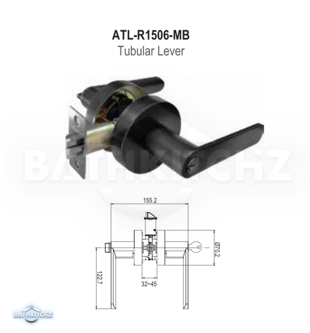 ARMOR Tubular Lever Door Lock with Key Matt Black ATL-R1506/ATL-R1607 ...