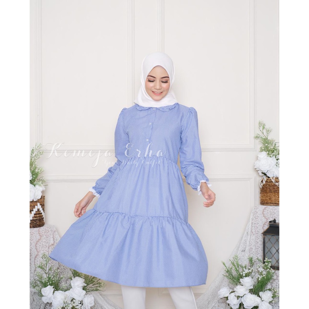 Muslim Tops Tunic Cotton Women Gingham Motif Bella Navy Free Mask Usui ...