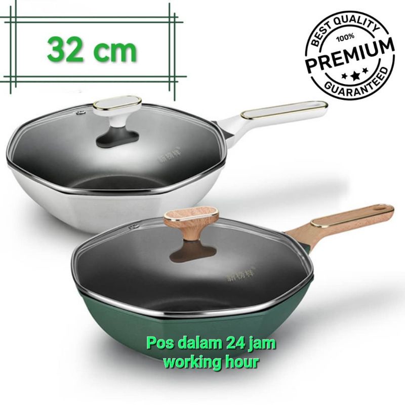 PA Premium Octagonal Wok Smokeless Non stick Wok Frying Grill Pan 32 CM ...