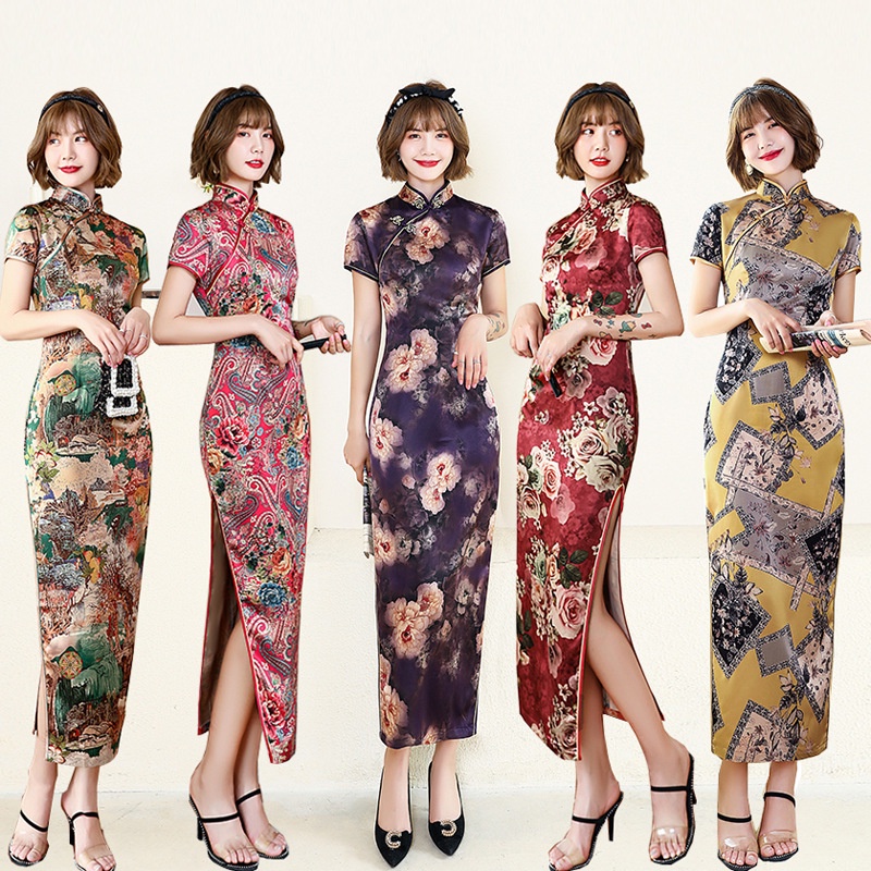 Vintage Cheongsam Dress Satin Long Cheongs Chinese Traditional Short ...