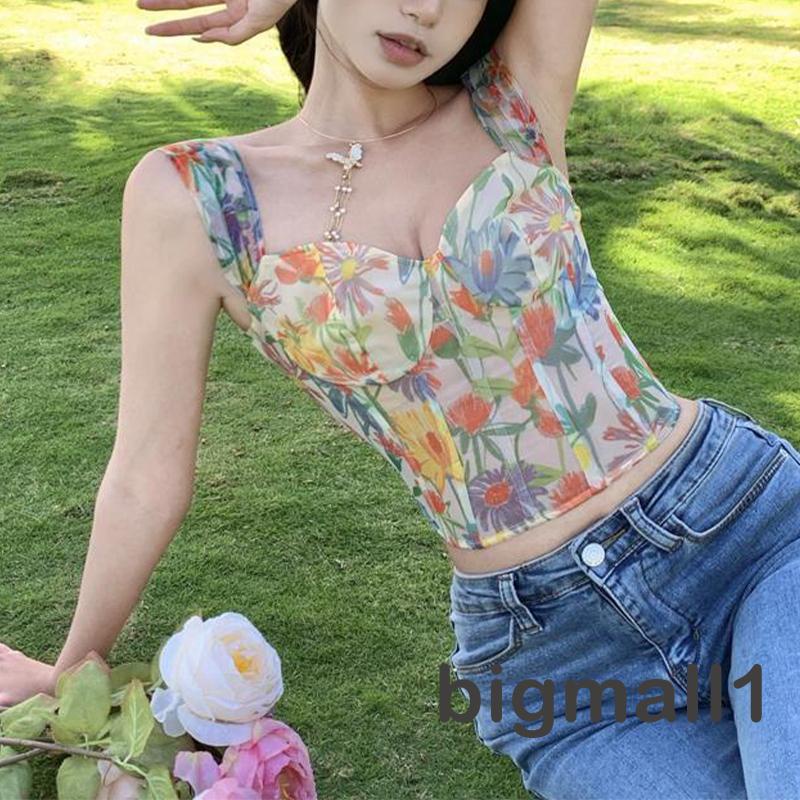 Bigmall Women Sweet Vest Suspender Sweetheart Neck Floral Print Slim