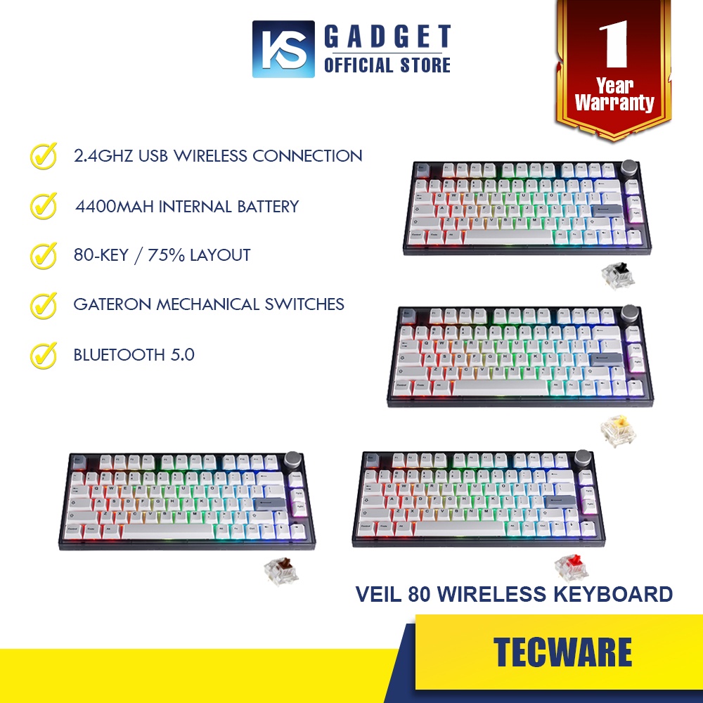 TECWARE VEIL 80 WIRELESS TRANSLUCENT BLACK MECHANICAL KEYBOARD(GATERON ...