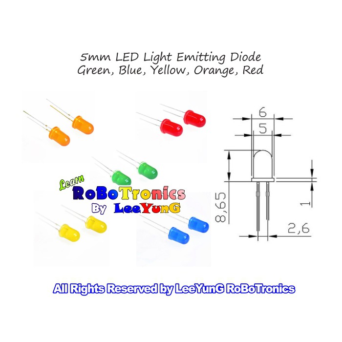 5mm LED Light Emitting Diode Green Red Yellow Blue Orange White Arduino ...