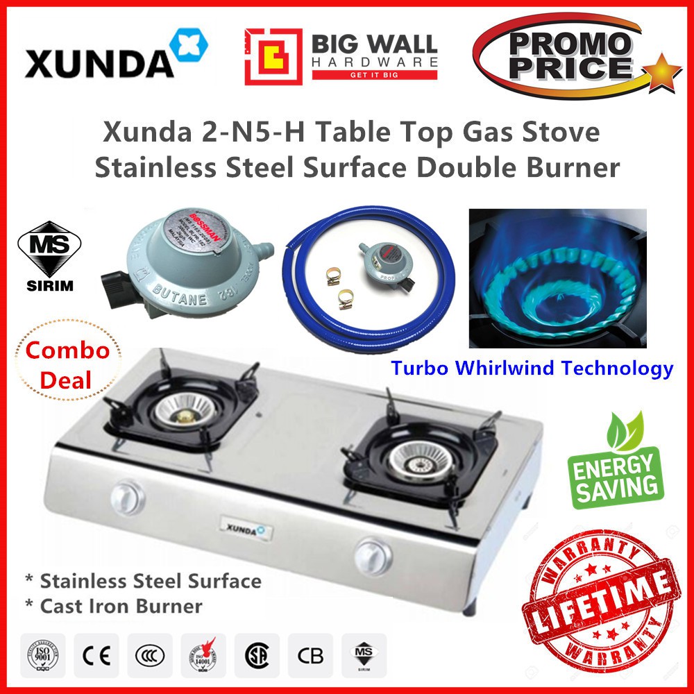 Xunda 2-N5-H Table Top Cooker Stainless Steel Surface Double Burner Gas Stove with Gas Regulator ...
