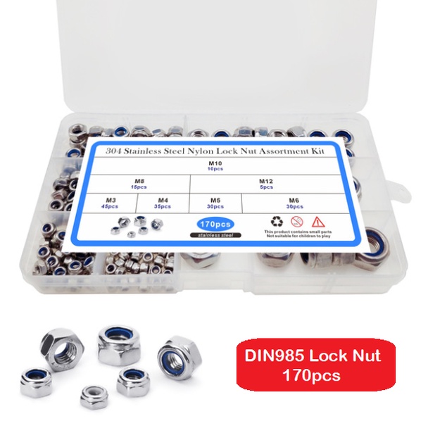 170pcs DIN985 Nut Combination Set Nylon Lock Nut 304 Stainless Steel Hex Hexagon Locknut for M3 ...
