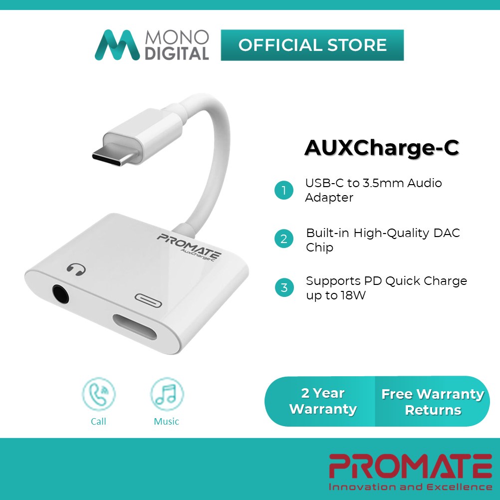 Promate AUXCharge-C 2-In-1 USB-C to 3.5mm Headphone Jack Audio Adapter ...