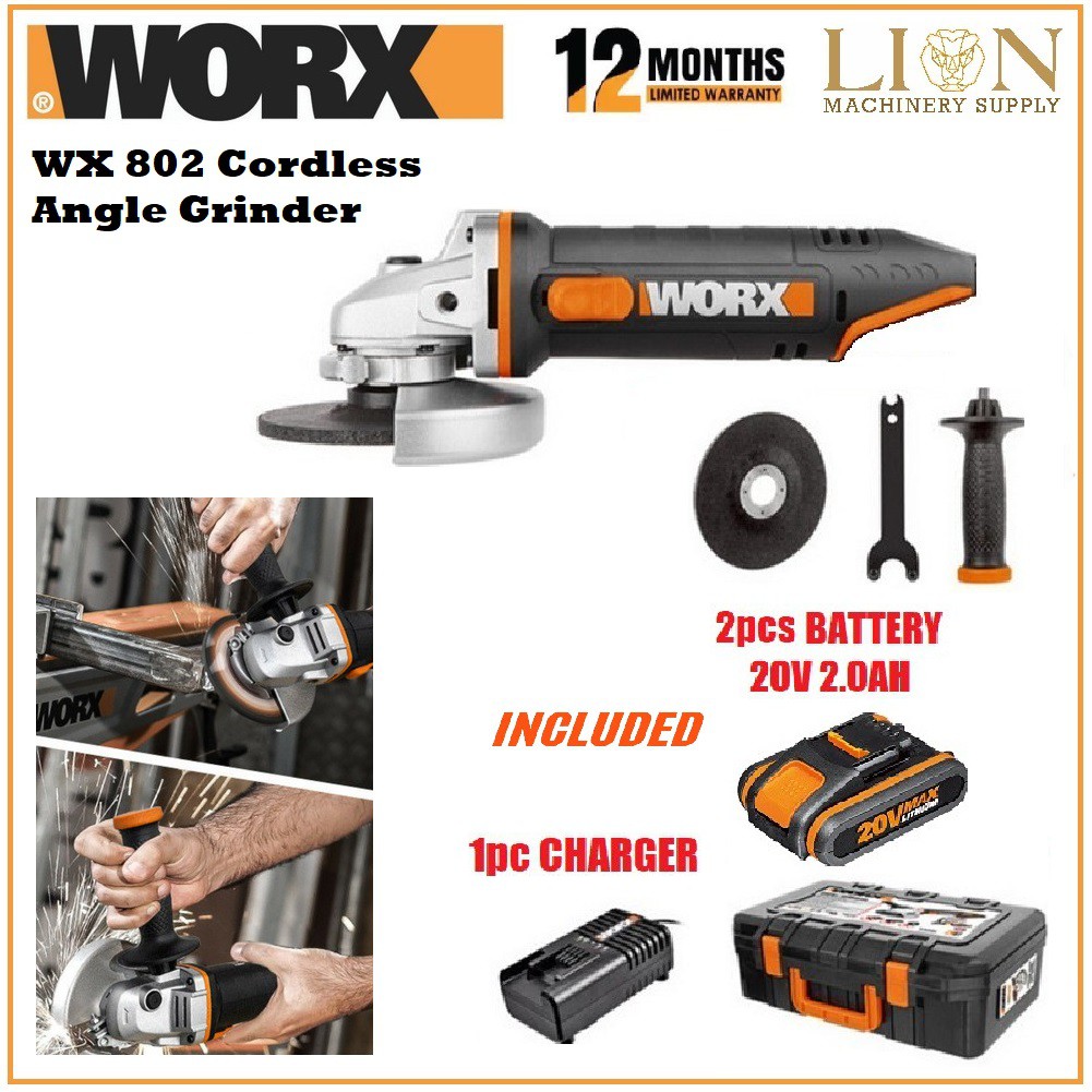 WORX WX802 20V 2.0Ah Max Lithium-Ion Cordless Angle Grinder with Power Share Battery Technology ...