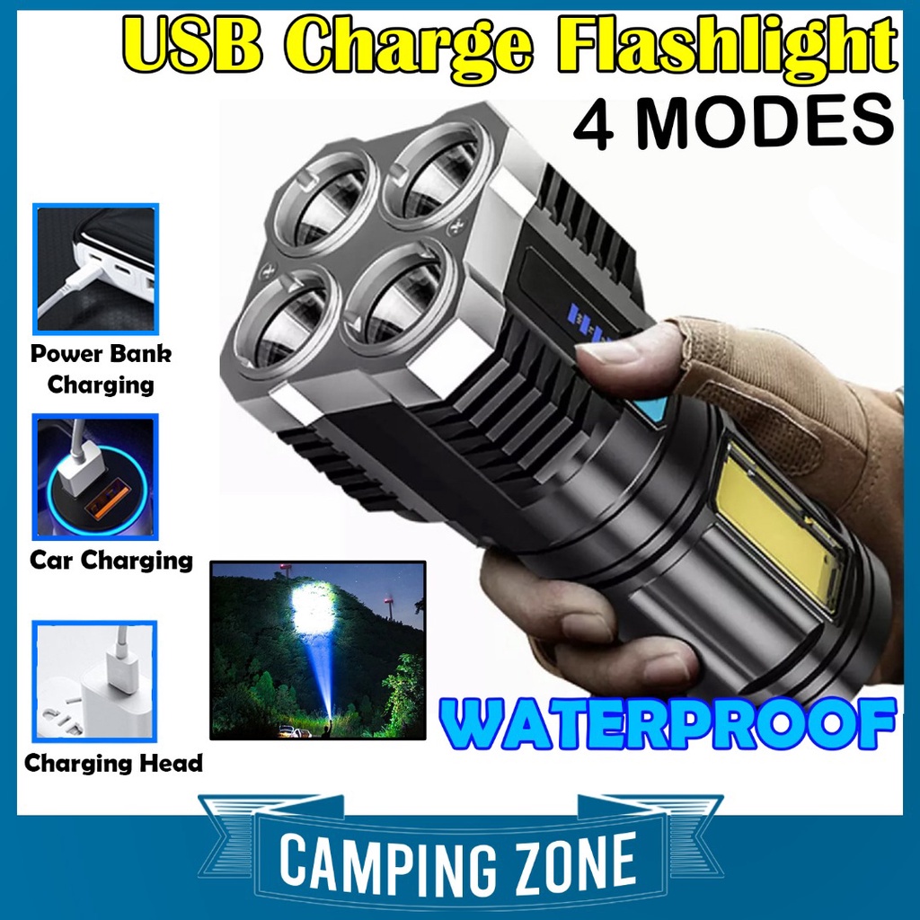 Super Bright USB Flashlight 4-Core 4 Modes Strong LED Light ...